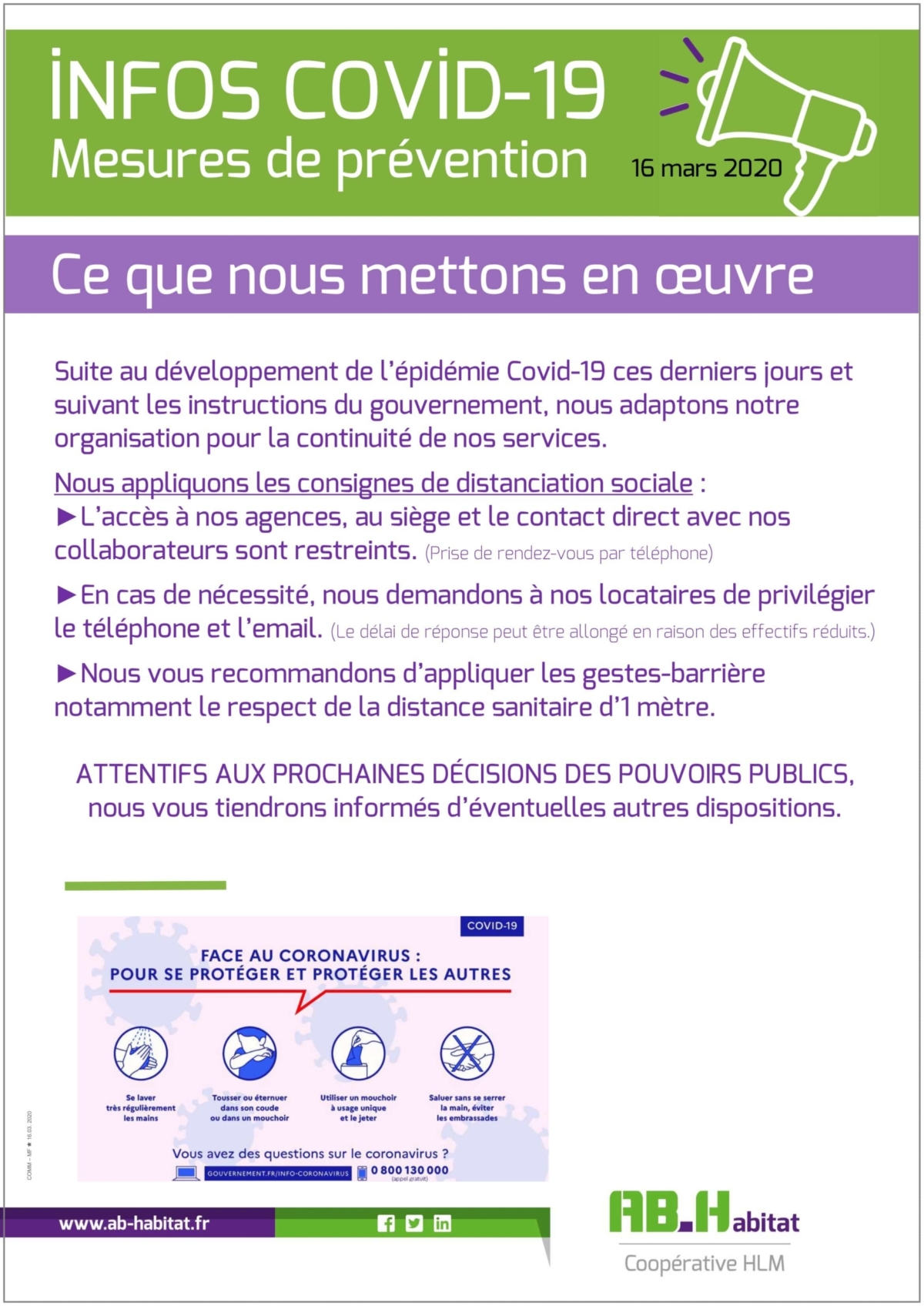 Prévention COVID-19 - 16 mars 2020 - AB-Habitat